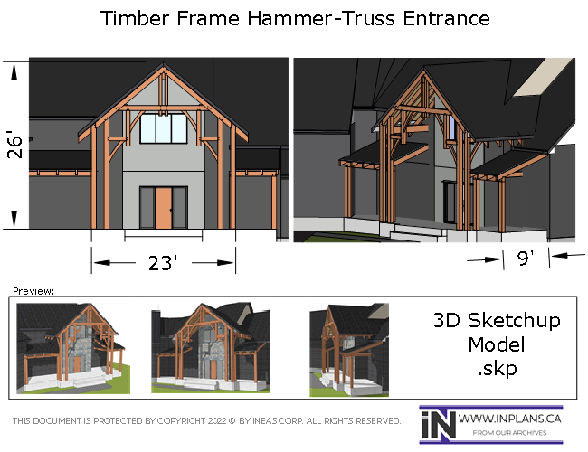 3D Model 2020-9 Timber frame Hammer Truss Entrance | INEAS Corp.